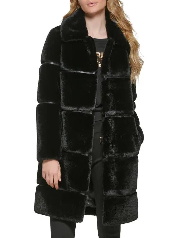 Karl Lagerfeld Paris Quilted Longline Faux Fur Coat - Black