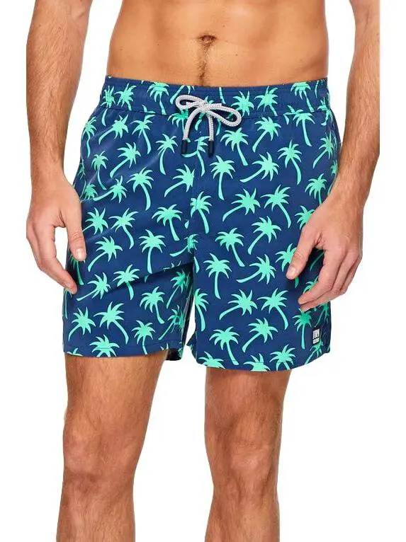 TOM & TEDDY Palm Tree Print Swim Trunks - Navy/spring Green
