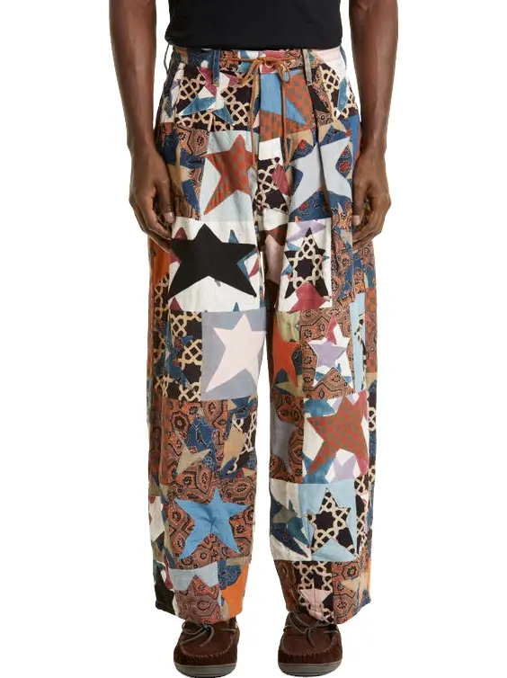 STORY MFG. Star Patchwork Tapered Organic Cotton Drawstring Pants - Star Scraps Patchwork