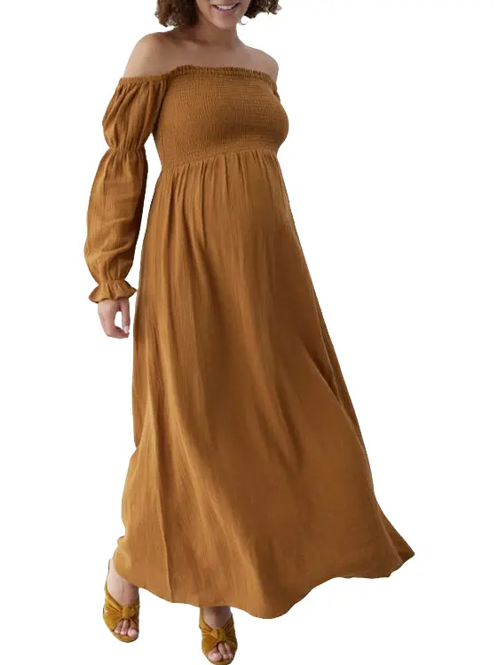 INGRID & ISABEL® Off The Shoulder Maternity Midi Dress - Golden Brown