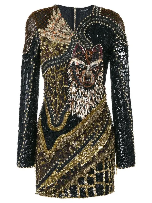 Balmain Embellished Wolf Design Dress - Black