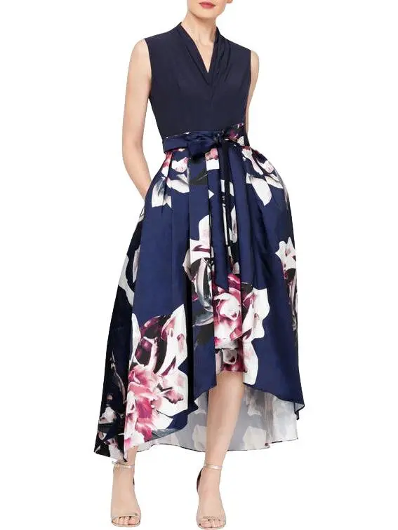 SL FASHIONS Floral Mikado High-low Gown - Navy Multi