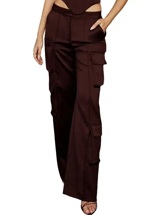 House Of Cb Daria Satin Cargo Trousers - Chocolate