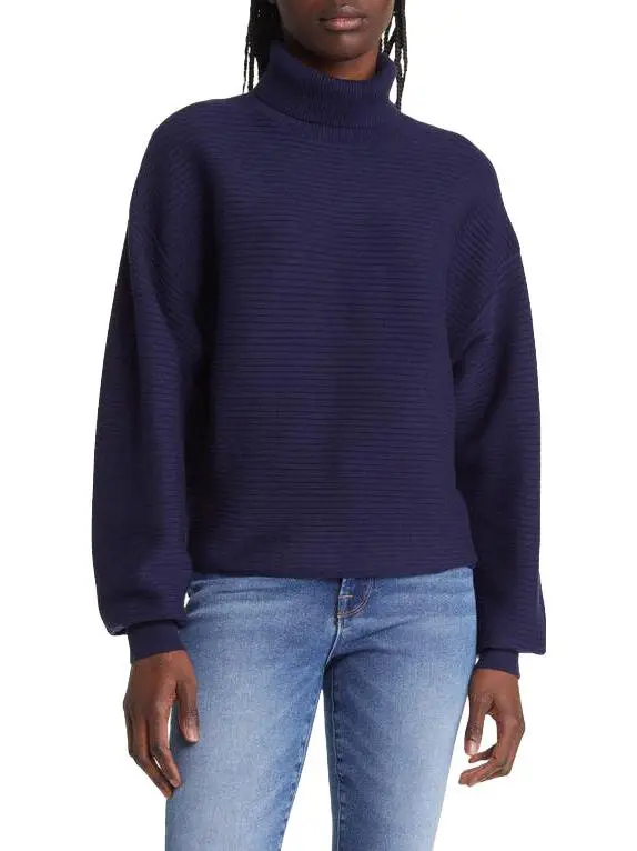 Good American Wide Ribbed Cropped Turtleneck Sweater - Blue Rinse
