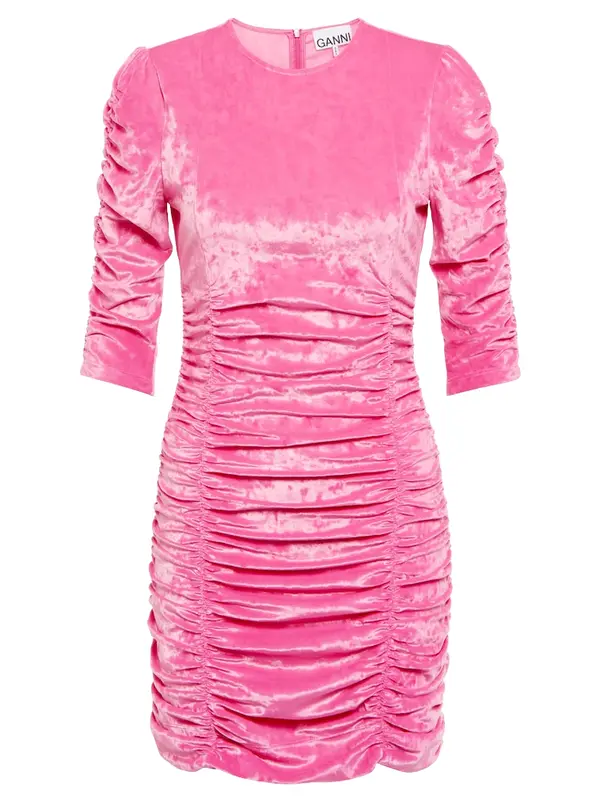 GANNI Ruched Velvet Mini Dress - Pink