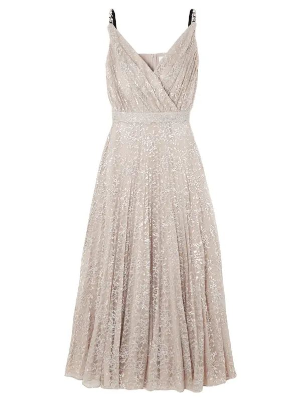 Erdem Dorinda Embellished Metallic Chantilly Lace Midi Dress - Silver