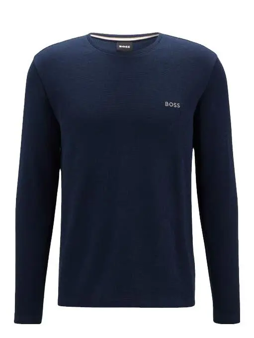 BOSS Long Sleeve Waffle Knit Cotton Blend T-shirt - Dark Blue