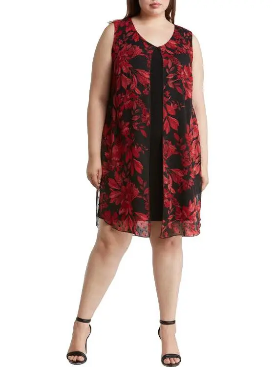 CONNECTED APPAREL Floral Chiffon Overlay Cape Dress - Red