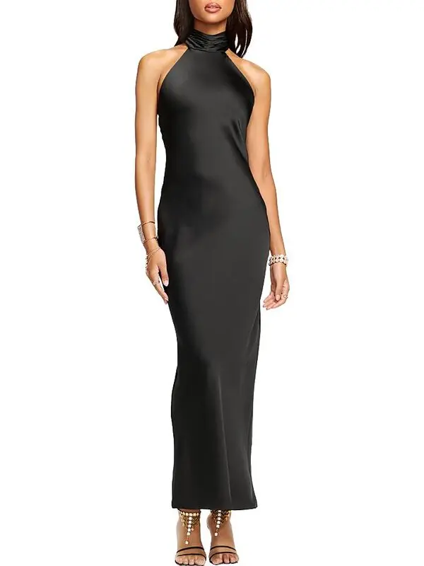 Ramy Brook Tatiana Satin Halter Gown - Black