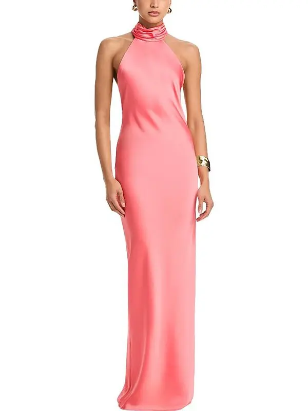 Ramy Brook Tatiana Satin Halter Gown - Coral
