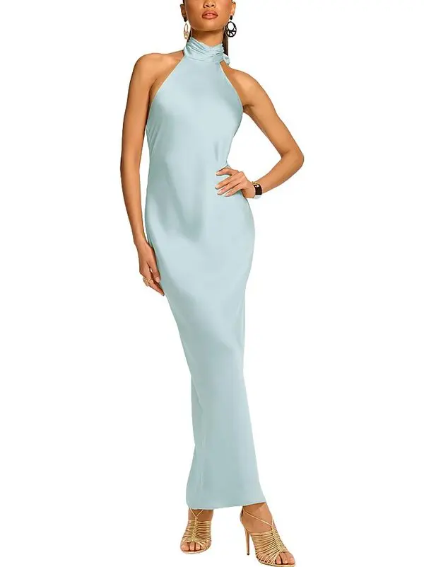 Ramy Brook Tatiana Satin Halter Gown - Moonstone