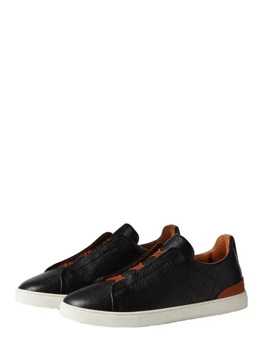 Zegna Triple Stitch Deerskin Leather Slip-on Sneakers - Black/foliage
