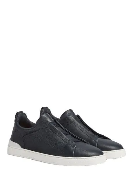 Zegna Triple Stitch Deerskin Leather Slip-on Sneakers - Navy