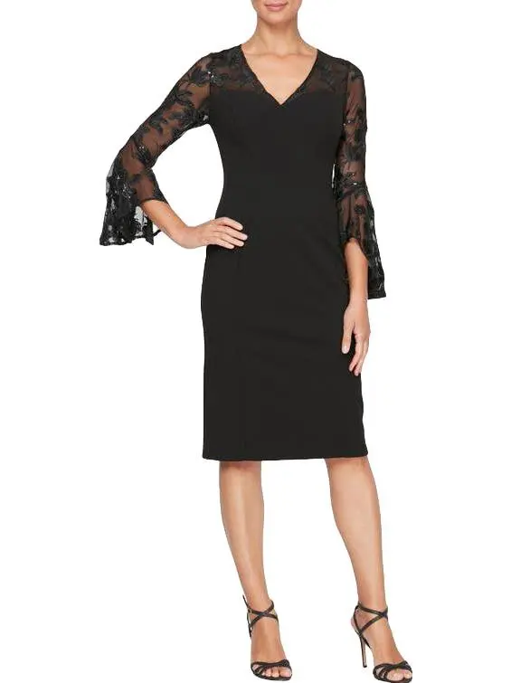 Alex Evenings Embroidered Illusion Bell Sleeve Sheath Dress - Black