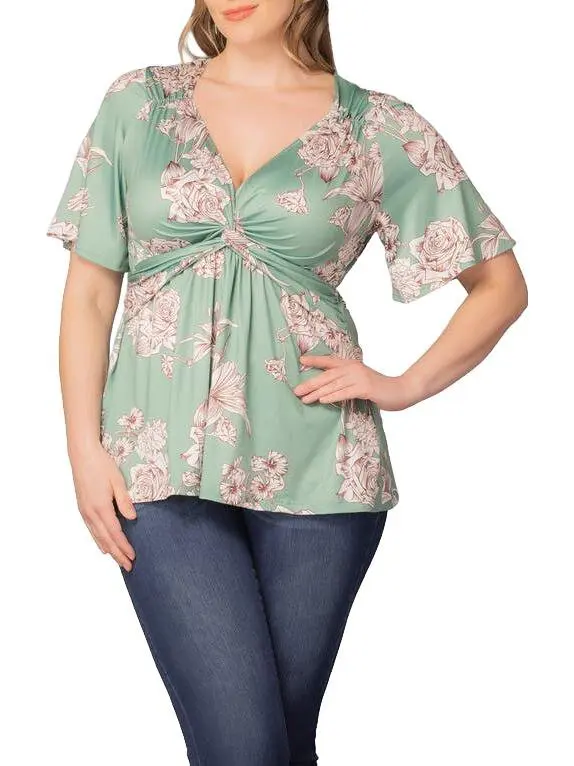 KIYONNA Abby Twist Front Top - Sage Garden Print