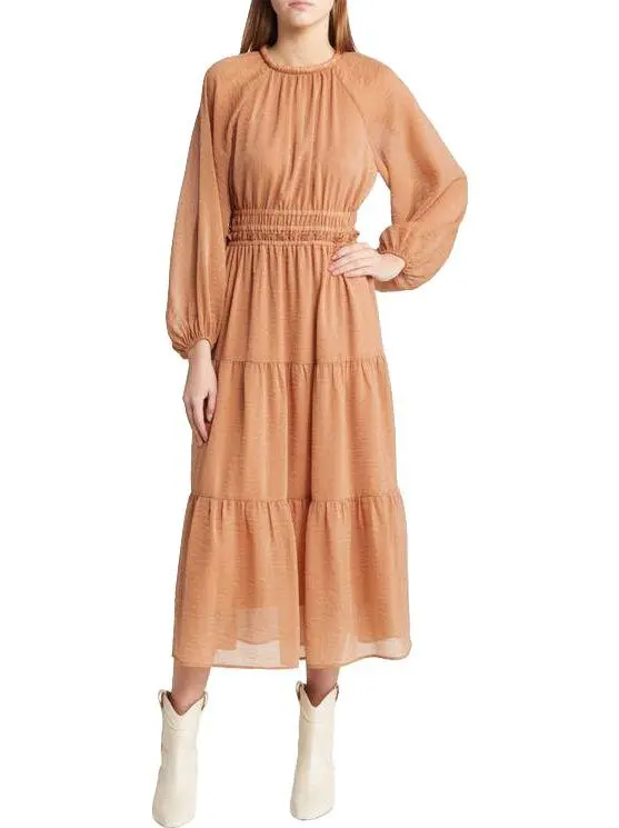 Moon River Smocked Waist Ruffle Metallic Maxi Dress - Terracotta