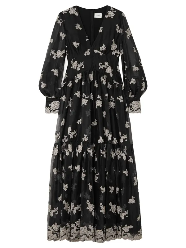 Erdem Tabetha Embroidered Silk-organza Maxi Dress - Black