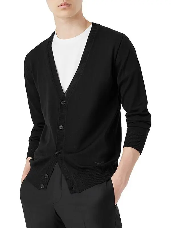 Emporio Armani Wool Slim Fit V-neck Cardigan - Black