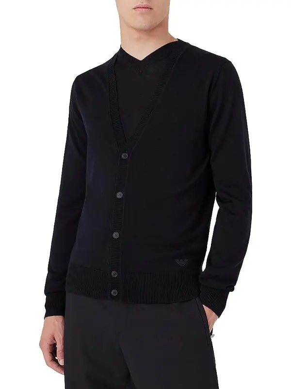 Emporio Armani Wool Slim Fit V-neck Cardigan - Navy Blue