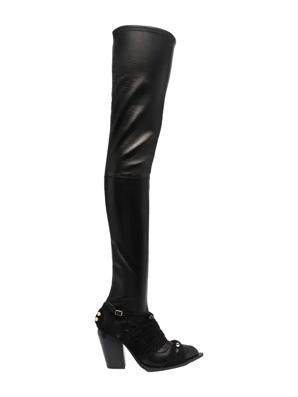 HARDOT Fringed-panel Thigh Boots - Black