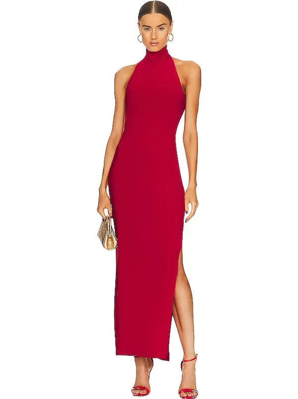 Norma Kamali Halter Turtleneck Side Slit Gown - Red