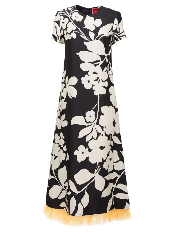 La DoubleJ Swing Feather-trim Maxi Dress - Black
