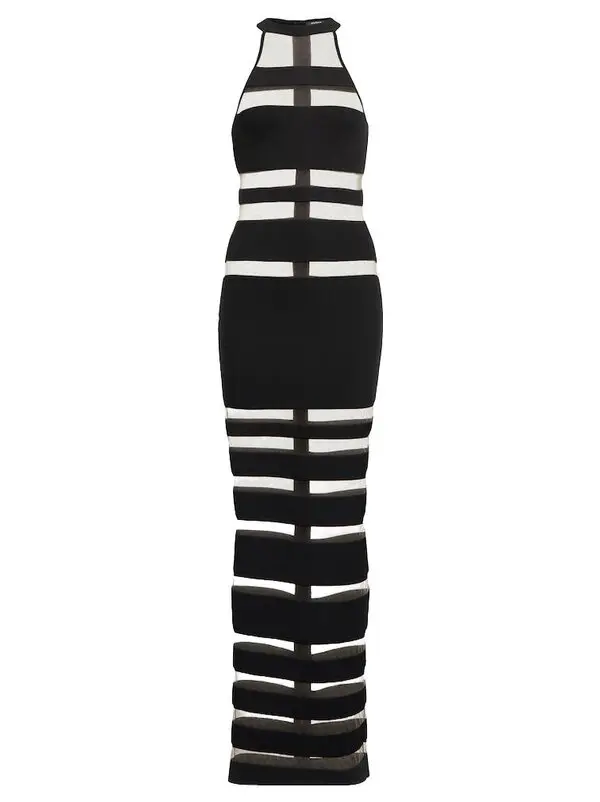 Balmain Halterneck Mesh-paneled Gown - Black