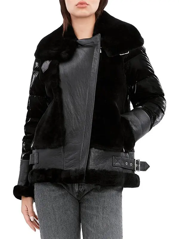 Dawn Levy Mel Shearling Panel Down Puffer Coat - Black