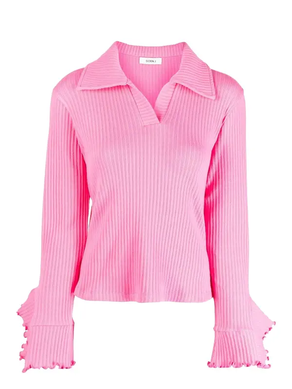 Goen.j Ribbed Ruffle-trim Polo Top - Pink