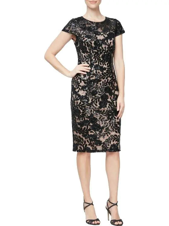 Alex Evenings Beaded Sheath Dress - Black/nude