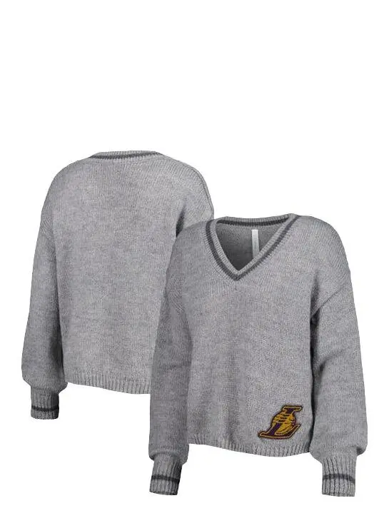 LUSSO Los Angeles Lakers Scarletts Lantern Sleeve Tri-blend V-neck Pullover Sweater By - Gray