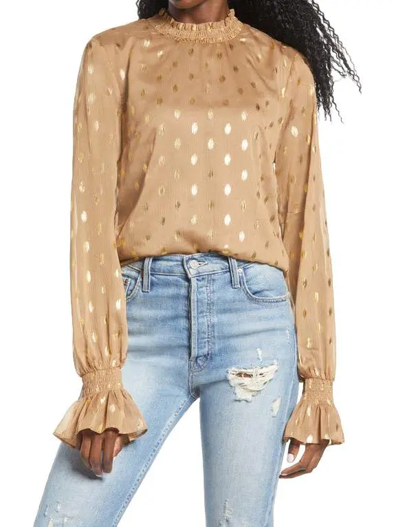 Endless Rose Metallic Polka Dot Chiffon Top - Tan