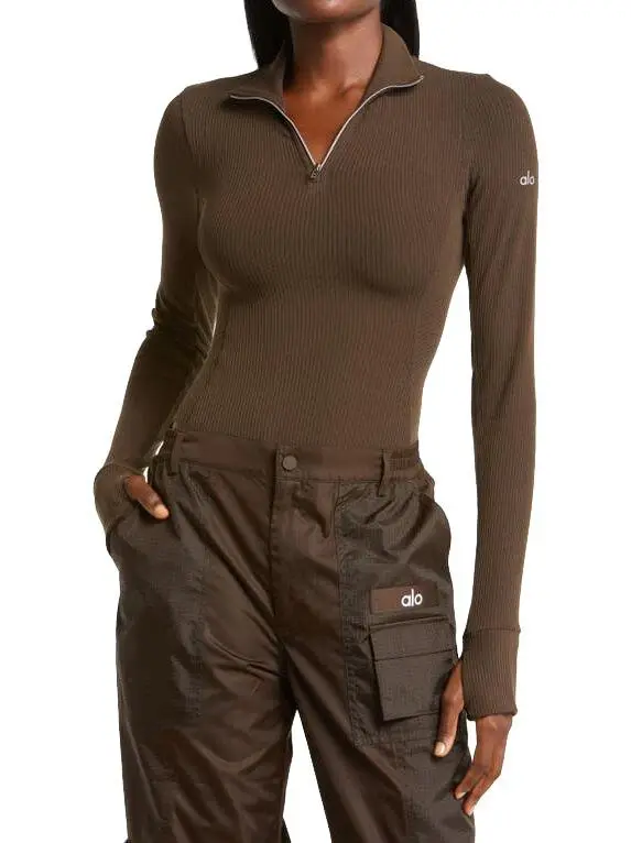 Alo Yoga Wellness Ribbed Long Sleeve Bodysuit - Espresso