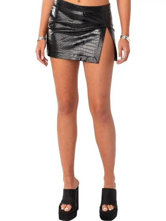 EDIKTED Lana Croc Embossed Faux Leather Mini Skirt - Black
