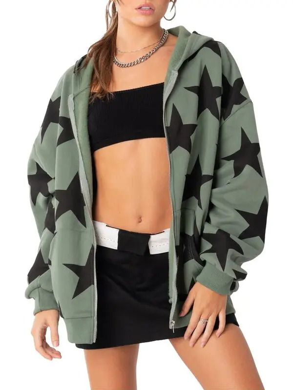 EDIKTED Star Print Oversized Hoodie - Olive