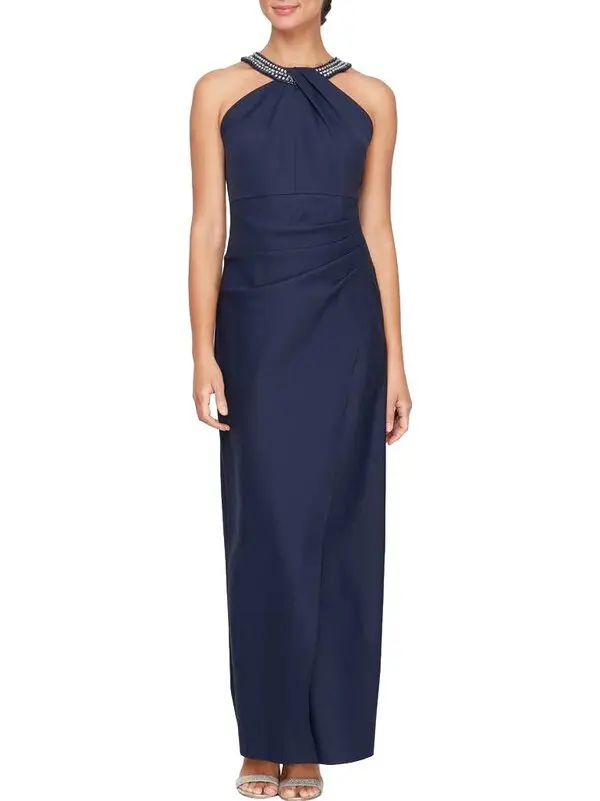 Alex Evenings Halter Neck Column Gown - Navy