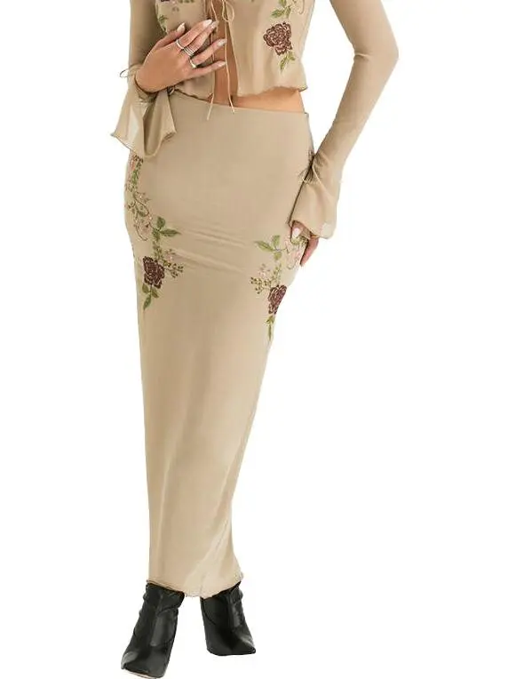 House Of Cb Lailah Embroidered Floral Maxi Skirt - Artichoke