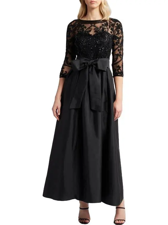 Pisarro Nights Beaded Illusion Neck Taffeta Cocktail Dress - Black