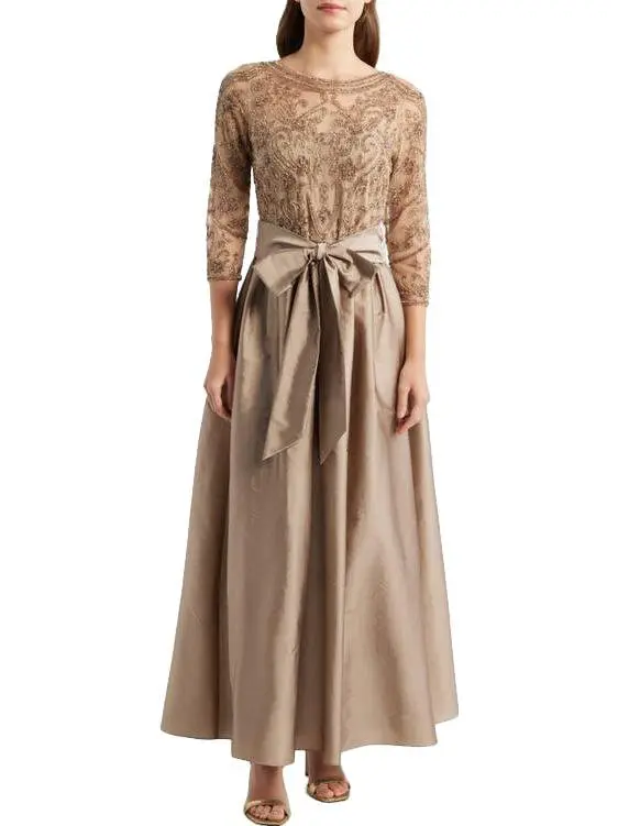 Pisarro Nights Beaded Illusion Neck Taffeta Cocktail Dress - Mocha