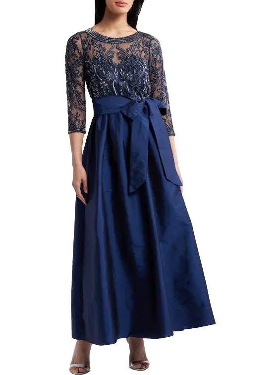 Pisarro Nights Beaded Illusion Neck Taffeta Cocktail Dress - Navy