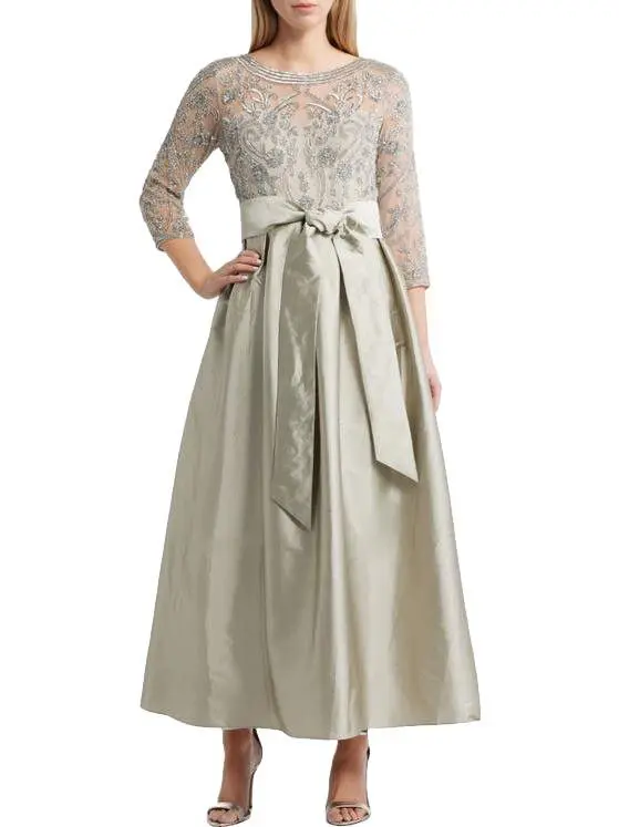 Pisarro Nights Beaded Illusion Neck Taffeta Cocktail Dress - Silver