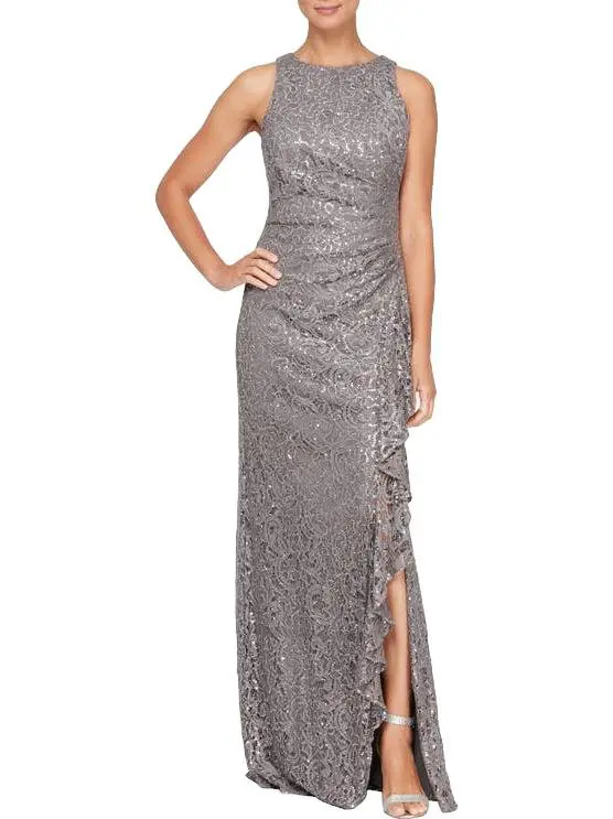 Alex Evenings Sequin Ruched Ruffle A-line Gown - Charcoal