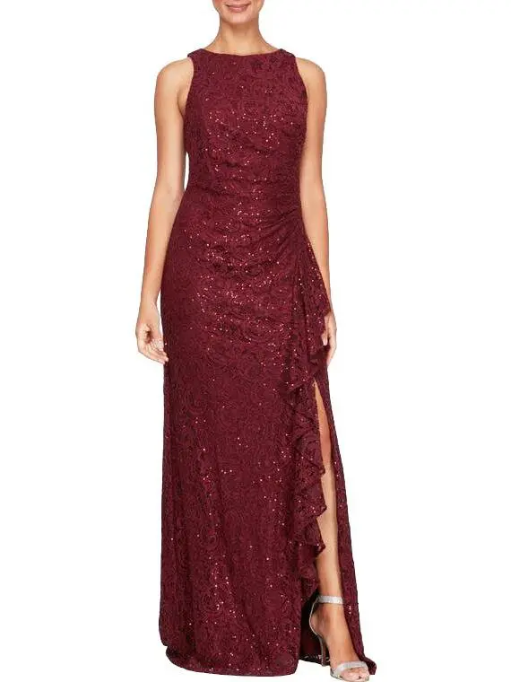 Alex Evenings Sequin Ruched Ruffle A-line Gown - Wine