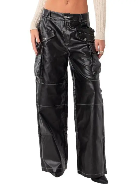 EDIKTED Faye Faux Leather Cargo Pants - Black