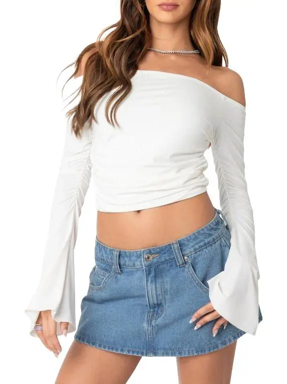 EDIKTED Corey Off-the-shoulder Ruched Crop Top - White