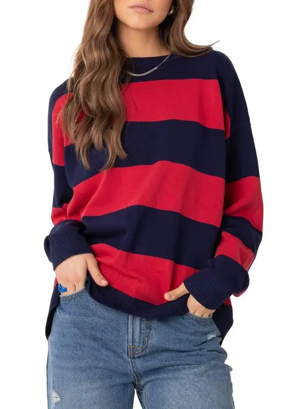 EDIKTED Logan Stripe Oversize Sweater - Red