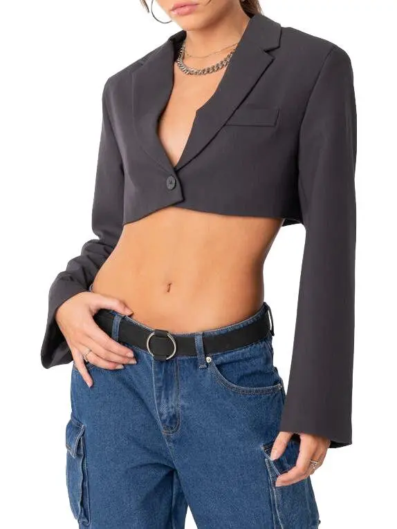 EDIKTED Cropped Blazer With Notched Lapels - Gray