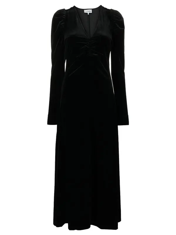 GANNI V-neck Velvet Midi Dress - Black
