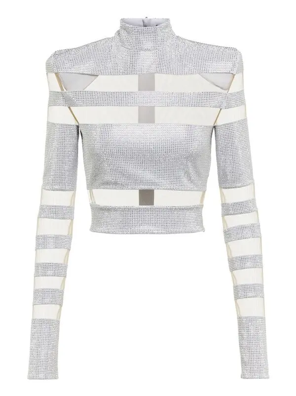 Balmain Mesh-paneled Embellished Top - Silver