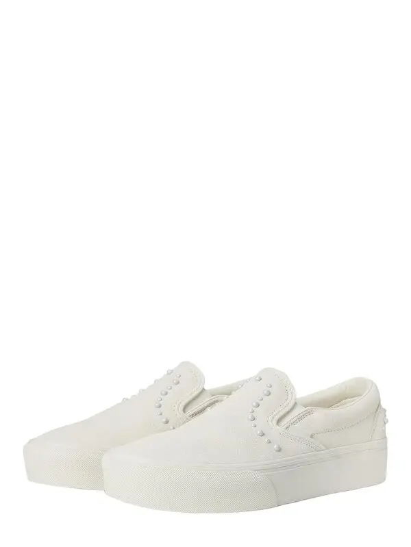 VANS Classic Slip-on Platform Shoes With Pearl Embellishments - White
